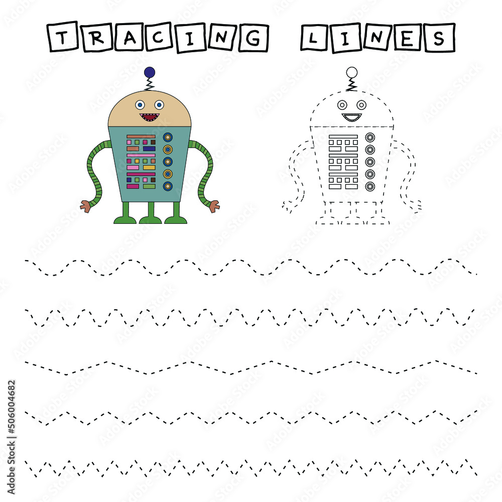 Tracing lines game with funny robots. Worksheet for preschool kids ...