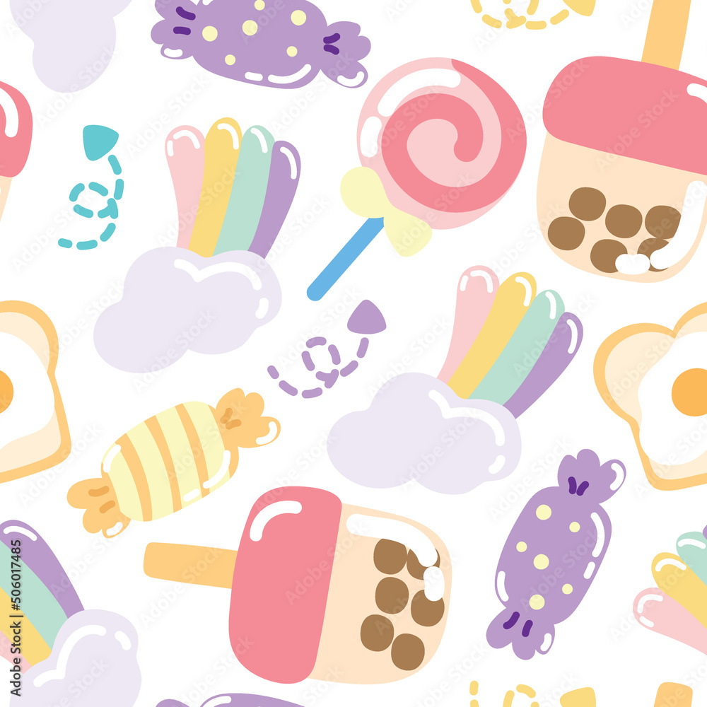 Seamless pattern of cute dessert on white background.Candy,bubble milk ...