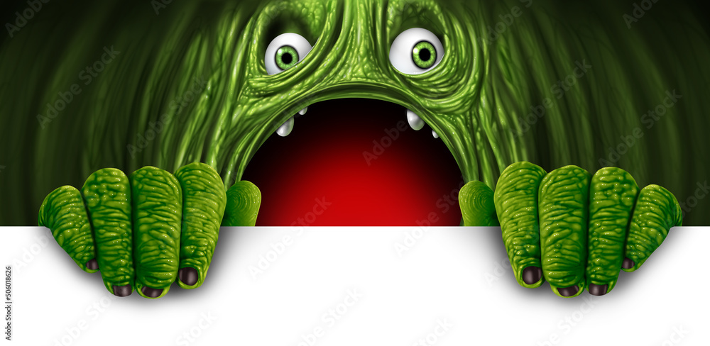 Green monster sign as an alien creature with an open mouth as a funny ...