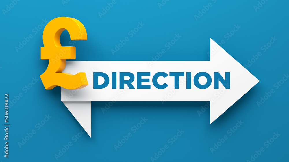 Orange color pound symbol, white arrow, and direction text. On blue ...