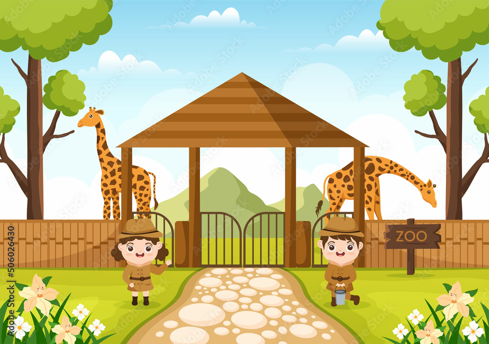 Zoo Cartoon Illustration with Safari Animals Giraffe, Cage and Visitors ...