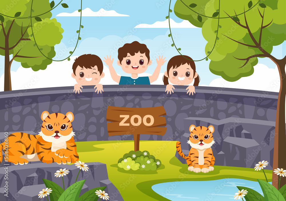 Zoo Cartoon Illustration with Safari Animals Lion, Tiger, Cage and ...