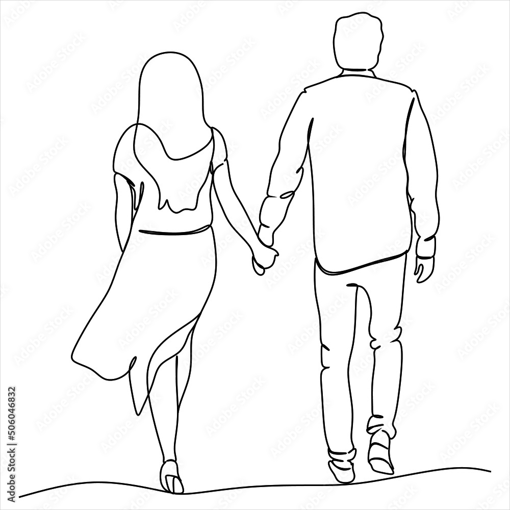 continuous line drawing of a young couple walking together Stock Vector ...