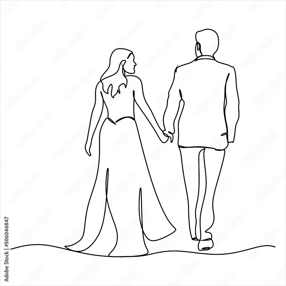 continuous line drawing of a young couple walking together Stock Vector ...