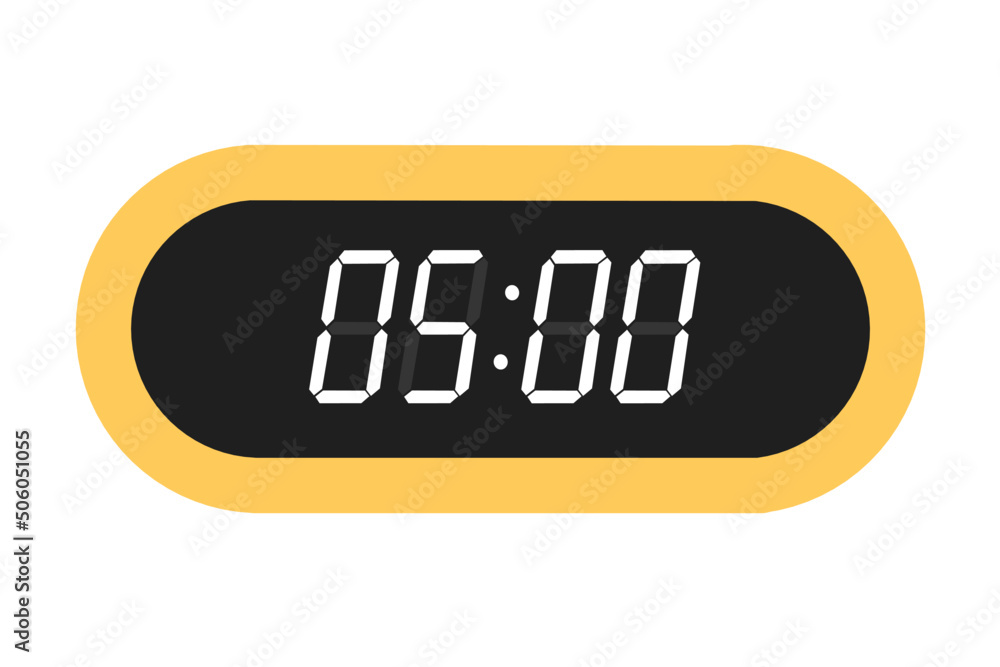 Vector flat illustration of a digital clock displaying 05.00 ...