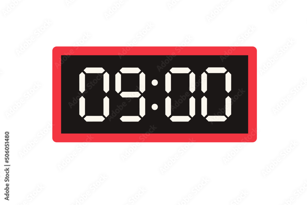 Vector flat illustration of a digital clock displaying 09.00 ...