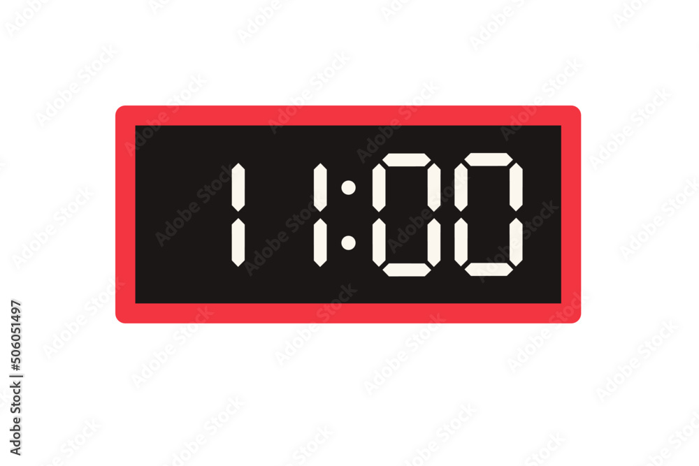 Vector flat illustration of a digital clock displaying 11.00 ...