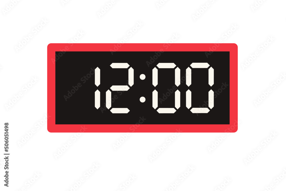 Vector flat illustration of a digital clock displaying 12.00 ...