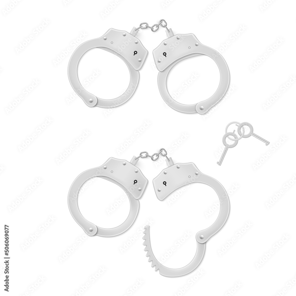 Metallic open and closed handcuffs with keys set realistic template ...