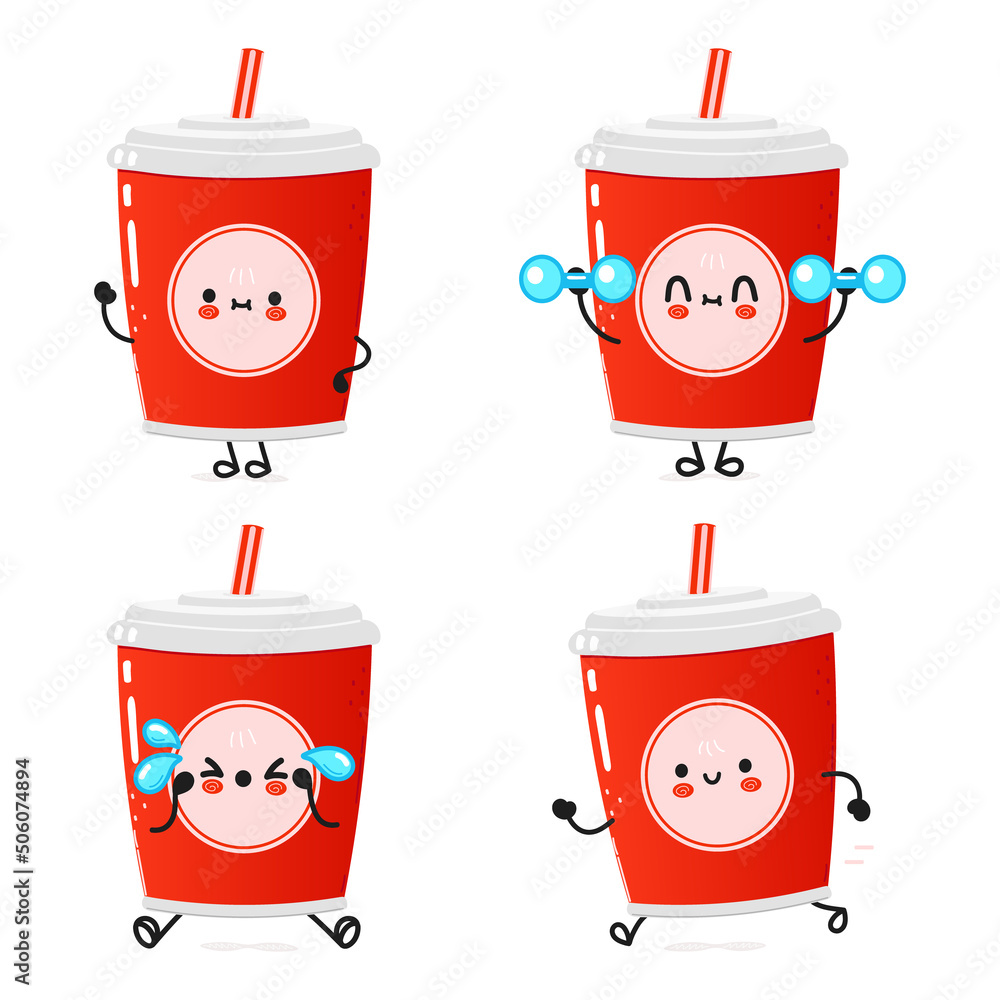 Funny cute happy red plastic cup cold drink cola and straw characters ...
