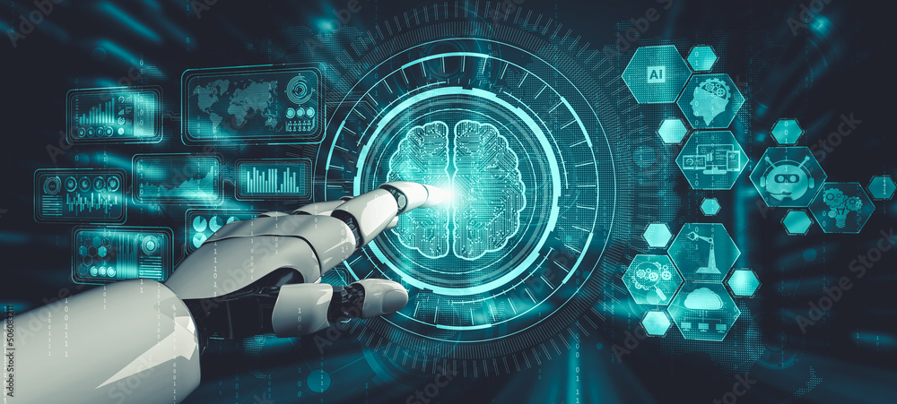 3D rendering artificial intelligence AI research of droid robot and ...