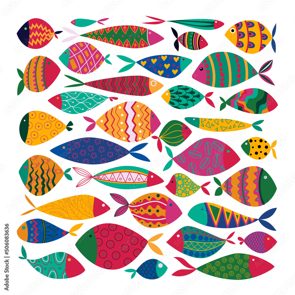 set of cute little colored fish for design items for children isolated ...