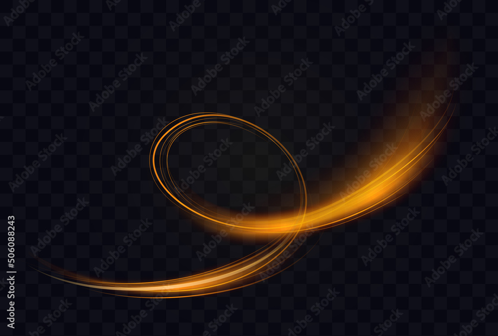Golden luminous swirl shape, abstract light effect vector illustration. Luxury sparkling trail ...