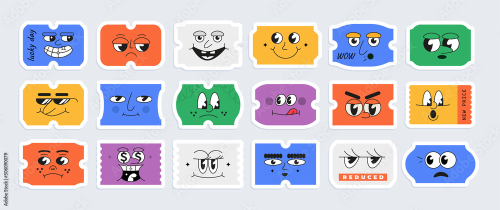 Cool comic sticker figures. Set of sale price tags shapes with smiling ...