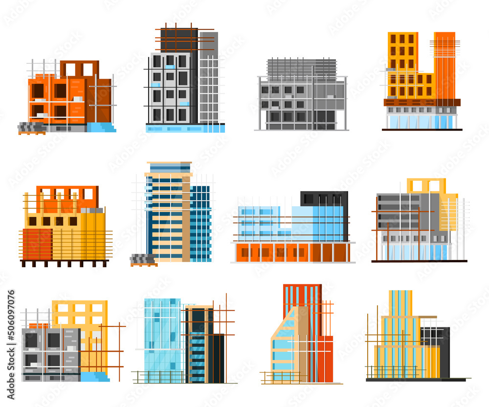 Set of icons of unfinished houses, and skyscrapers. A city with streets ...