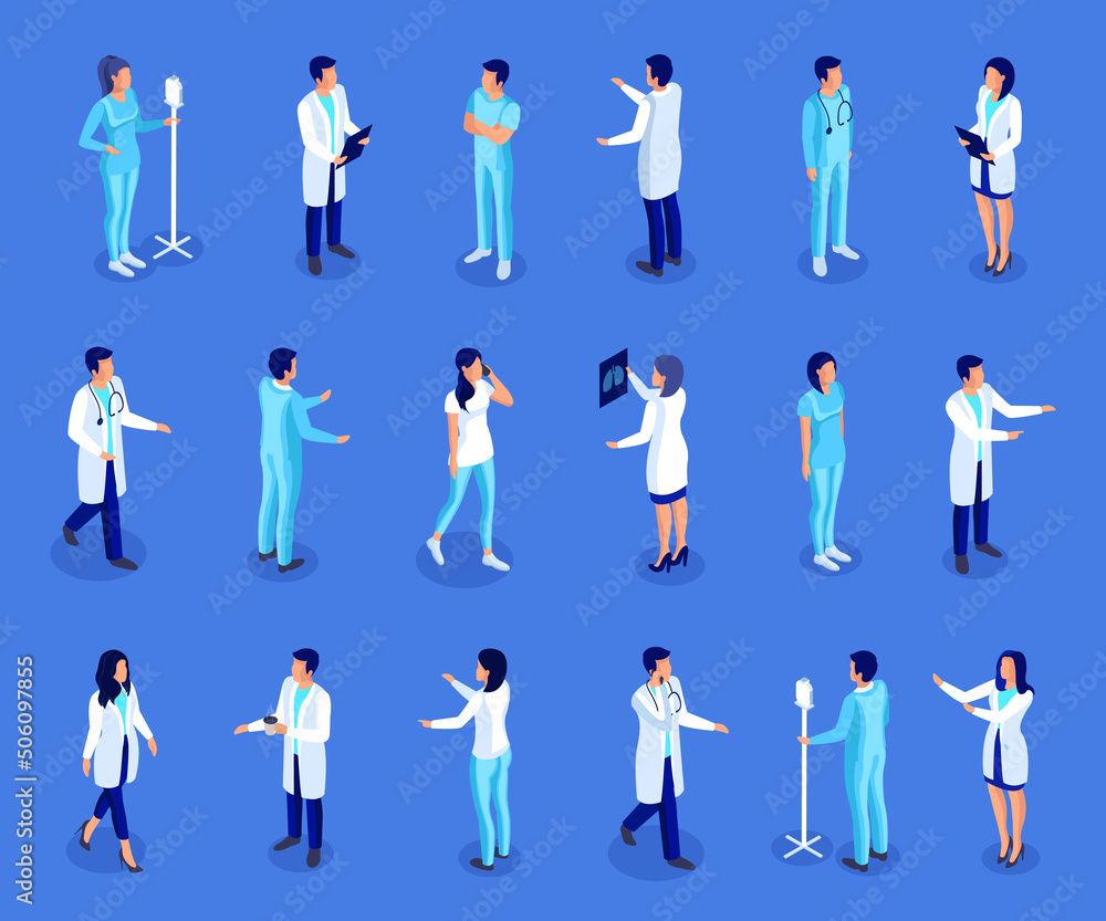 a large set of isometric characters, people in medical clothing, a ...