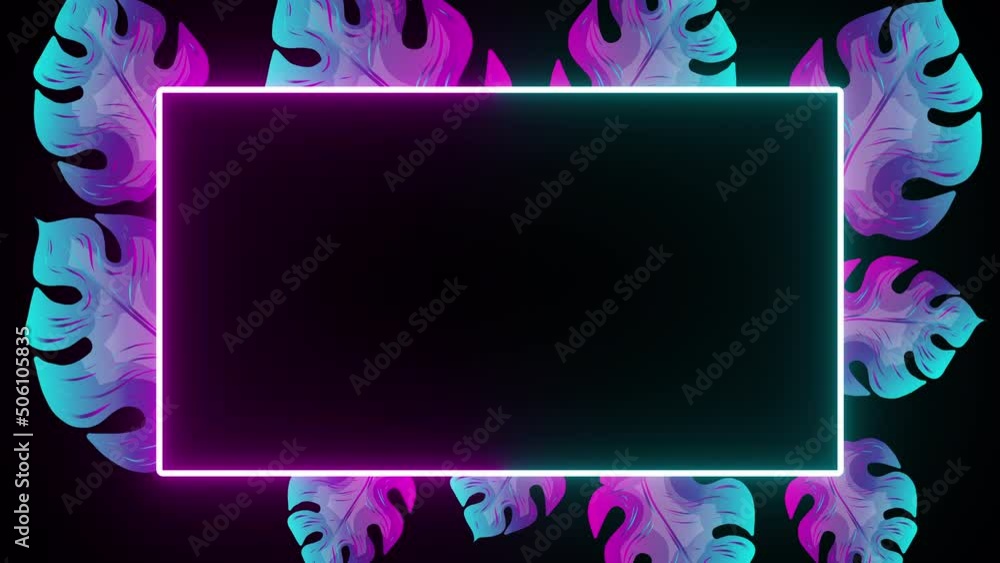 Animated Glowing Neon Light Frame Template with Rotating Tropical Palm ...
