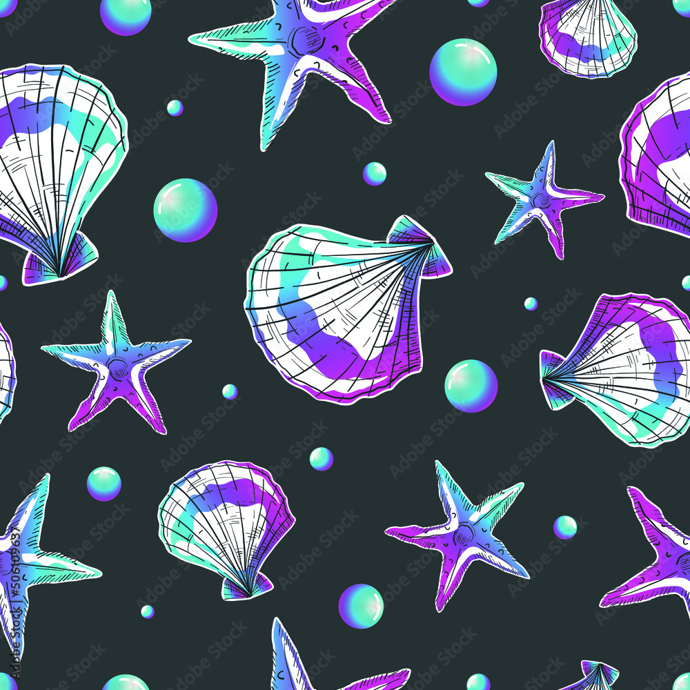 Vector Starfish and Seashells Seamless Pattern. Flat design of Sea ...