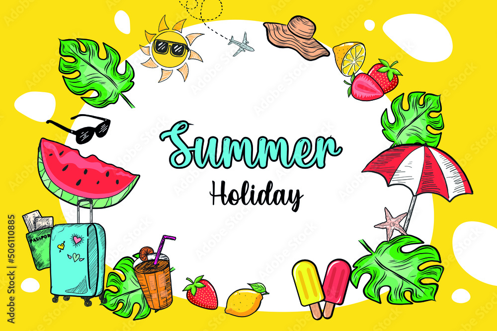 Vector Hand Drawn Summer time banner design with white square for text ...