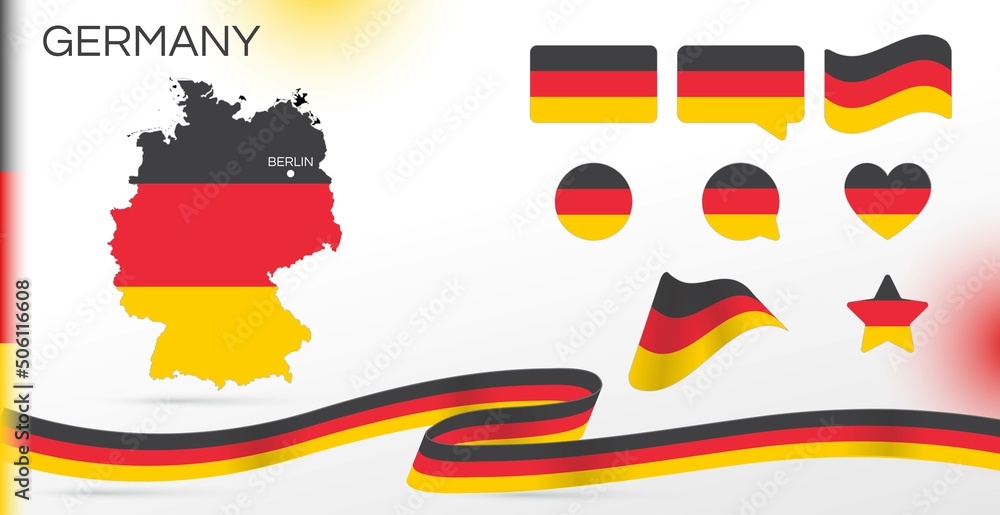 Germany flags set. Various designs. Map and capital city. World flags ...