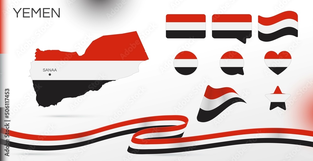 Yemen flags set. Various designs. Map and capital city. World flags ...