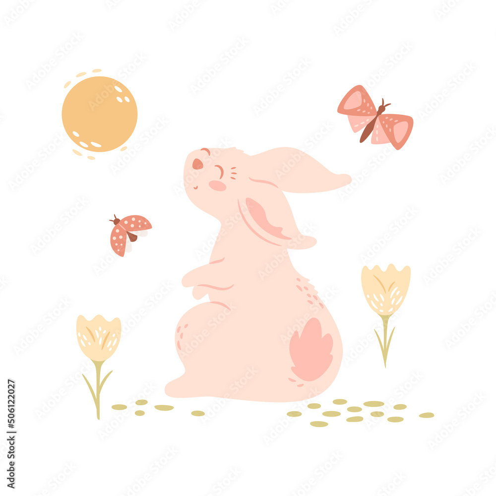 Cute bunny enjoys the sun and spring. Pretty cartoon rabbit walking in ...