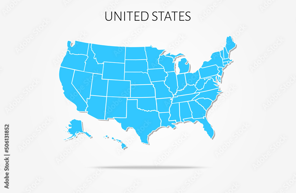 Blue map of United States of America with borders, isolated on gray ...