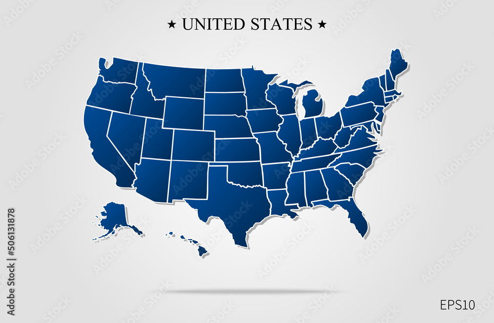 Blue map of United States of America with borders, isolated on gray ...