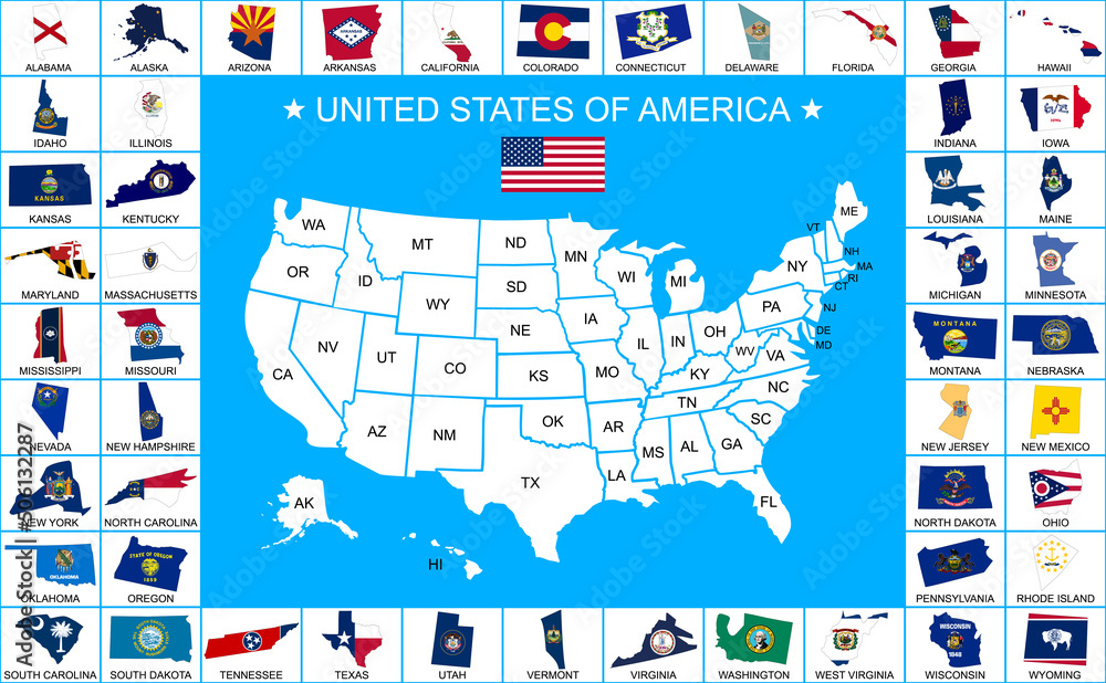 White map of United States of America with borders and short names ...