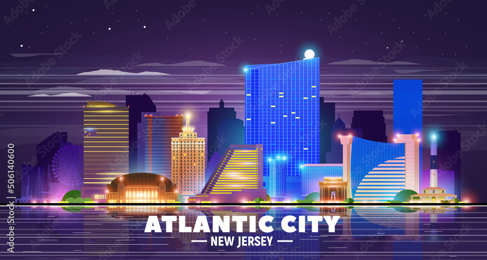 Atlantic City (New Jersey) skyline at night background. Flat vector ...