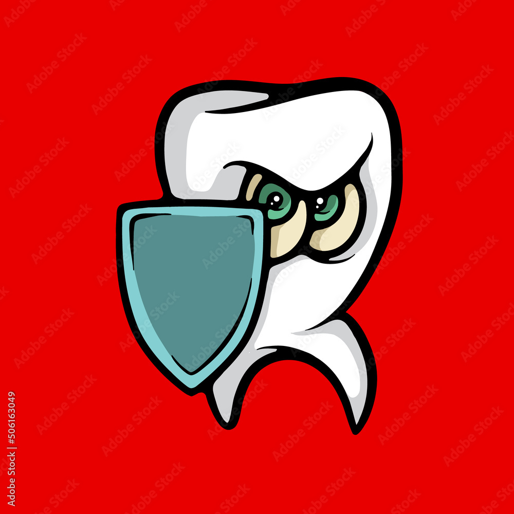 Tooth character holding shield cartoon vector illustration Stock Vector ...