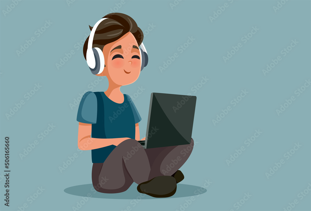 Boy Sitting and Typing on her Laptop Vector Cartoon Illustration Stock ...