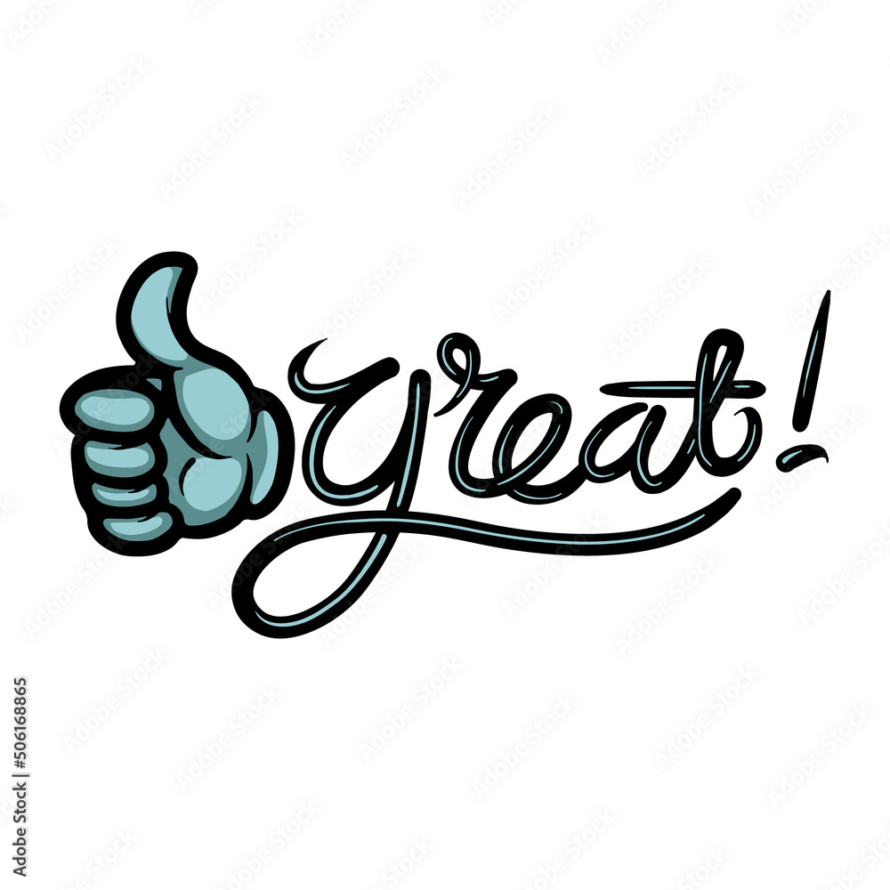 Hand written great text with thumb up cartoon vector illustration Stock ...