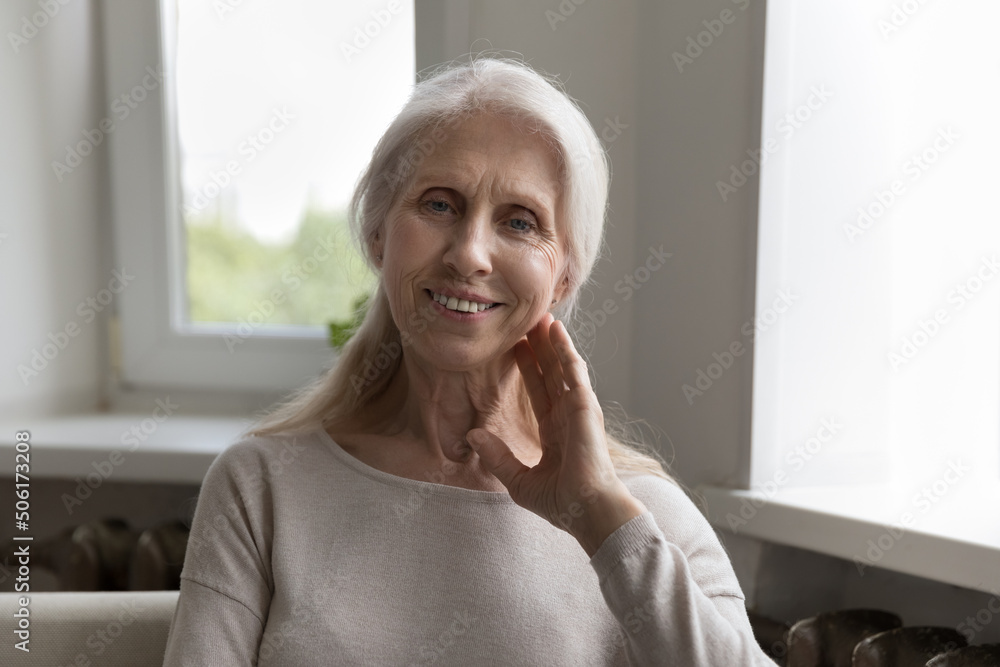 Happy elderly mature 70s lady home head shot portrait. Positive retired ...