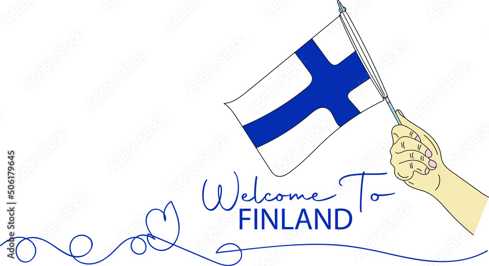 Vetor de Welcome to Finland flag sign logo, Sketch drawing of hand ...