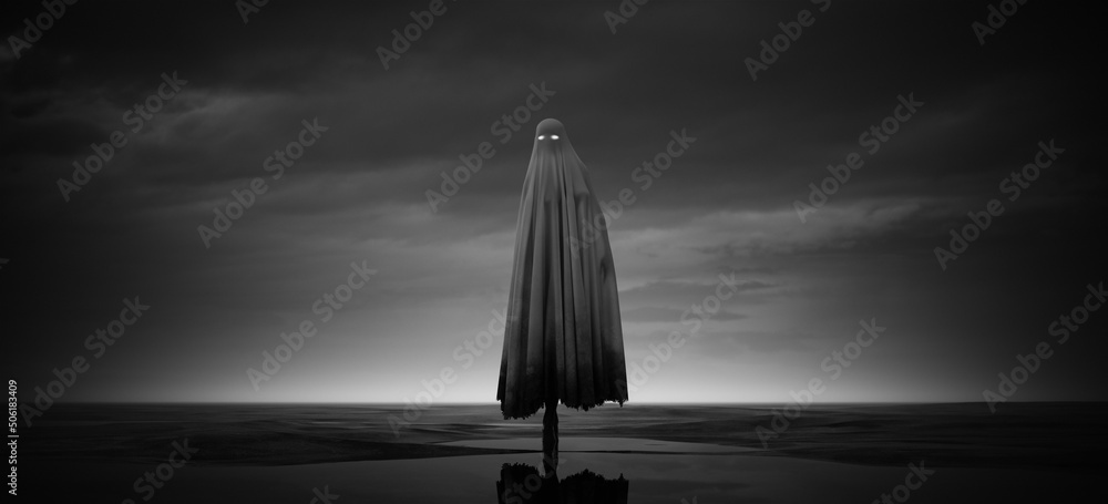 Creepy Ghost Walking Woman Sheet with Glowing White Eyes Wet Beach Dusk ...