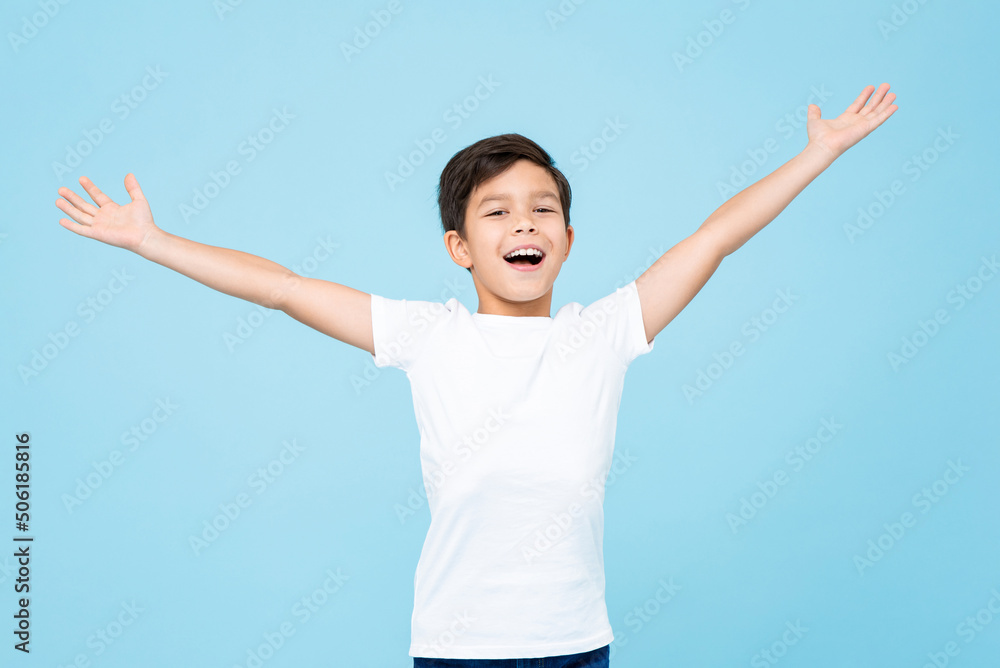 Cute happy smiling handsome mixed race boy with open arms in isolated ...