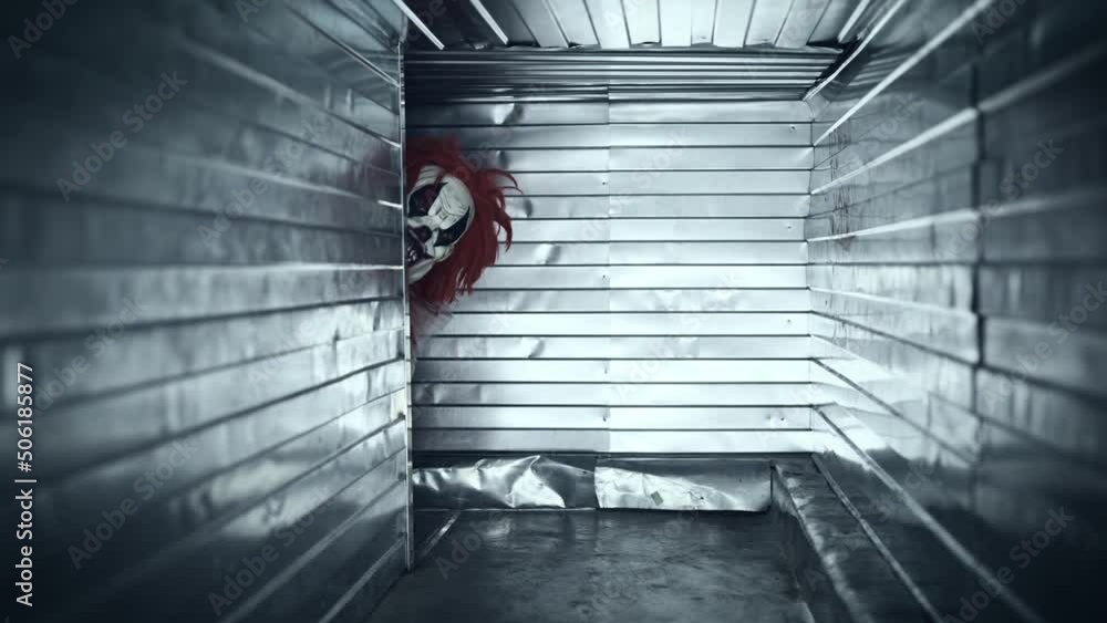 Vídeo do Stock: Scary clown attacks in a closed ventilation duct. Scary ...