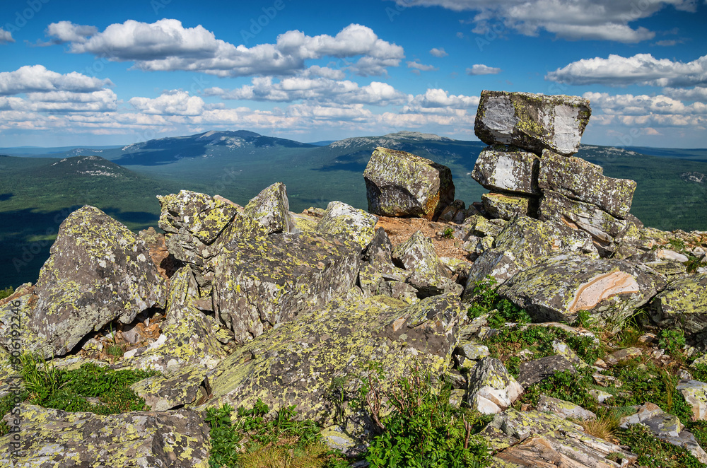Ural Mountains, Zyuratkul National Park. Panoramic view from the top of ...