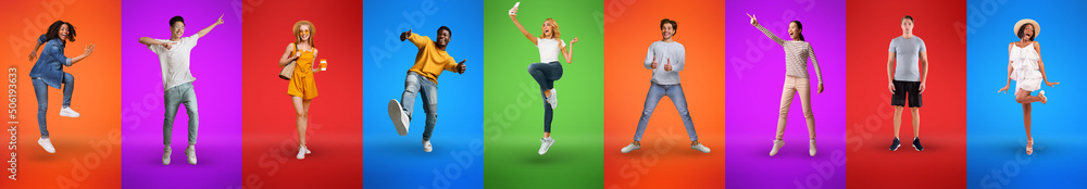 Active millennials posing on colorful backgrounds, set of studio shots ...
