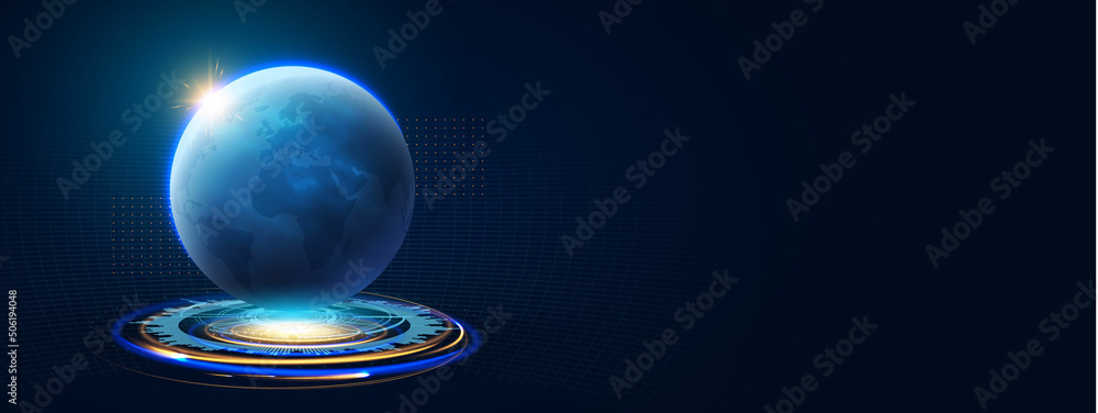 Futuristic background with Earth planet, World map, techno screen ...