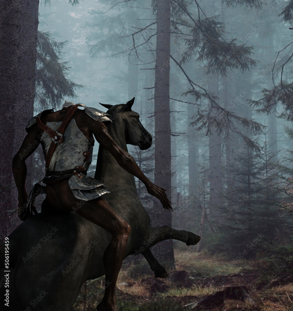 Headless horseman riding a black horse in the forest Stock Illustration ...