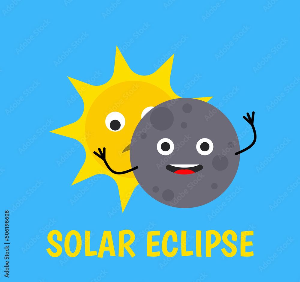 solar eclipse cute cartoon character sun and moon vector illustration ...