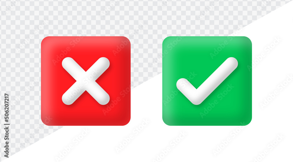 3d checkmark icon button correct and incorrect sign or check mark box frame with green tick and ...
