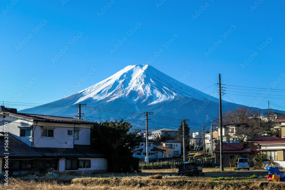 Mt Fuji towering above the Fujiyoshida city, seen from the city level ...