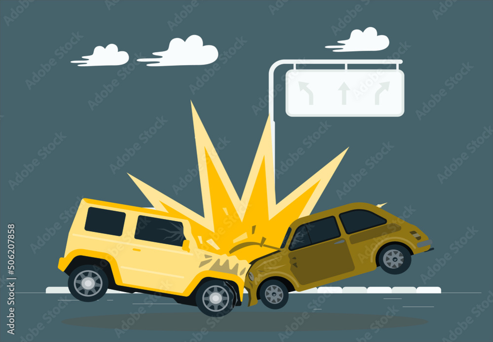 Yellow car accident hit the front of a yellow car. Front of the yellow ...