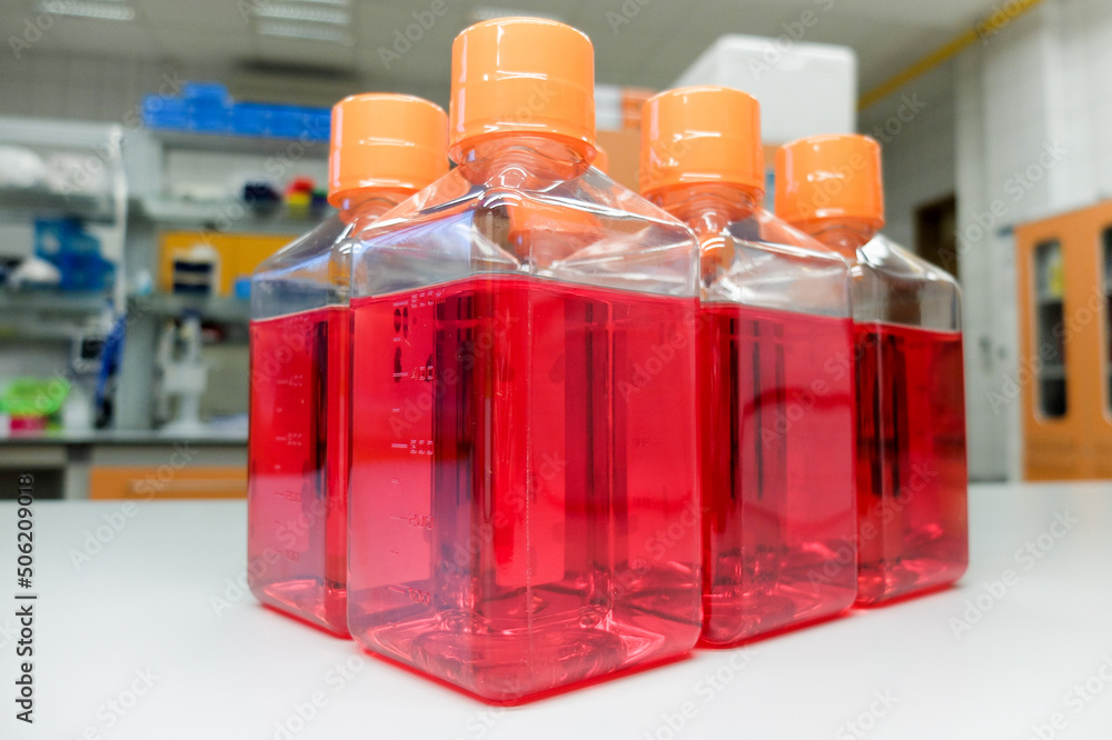 Bottles with cell culture medium containing nutrients essential for ...