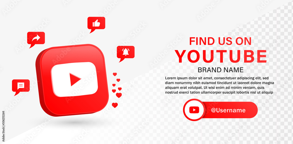 follow us on youtube 3d logo with social media notification icons in ...