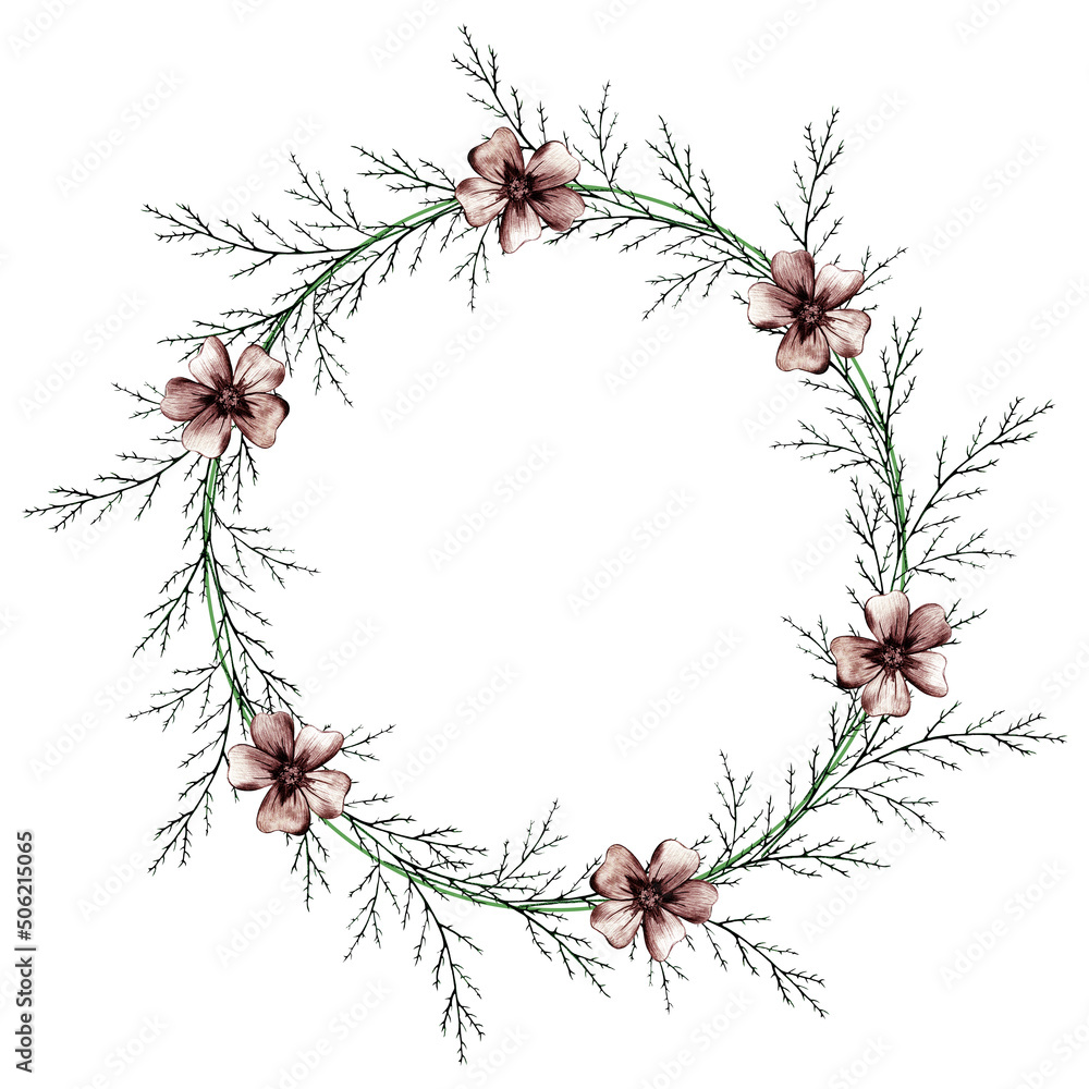 Flower Circle Frame with Hand Drawn Marigolds. Floral Round Wreath ...