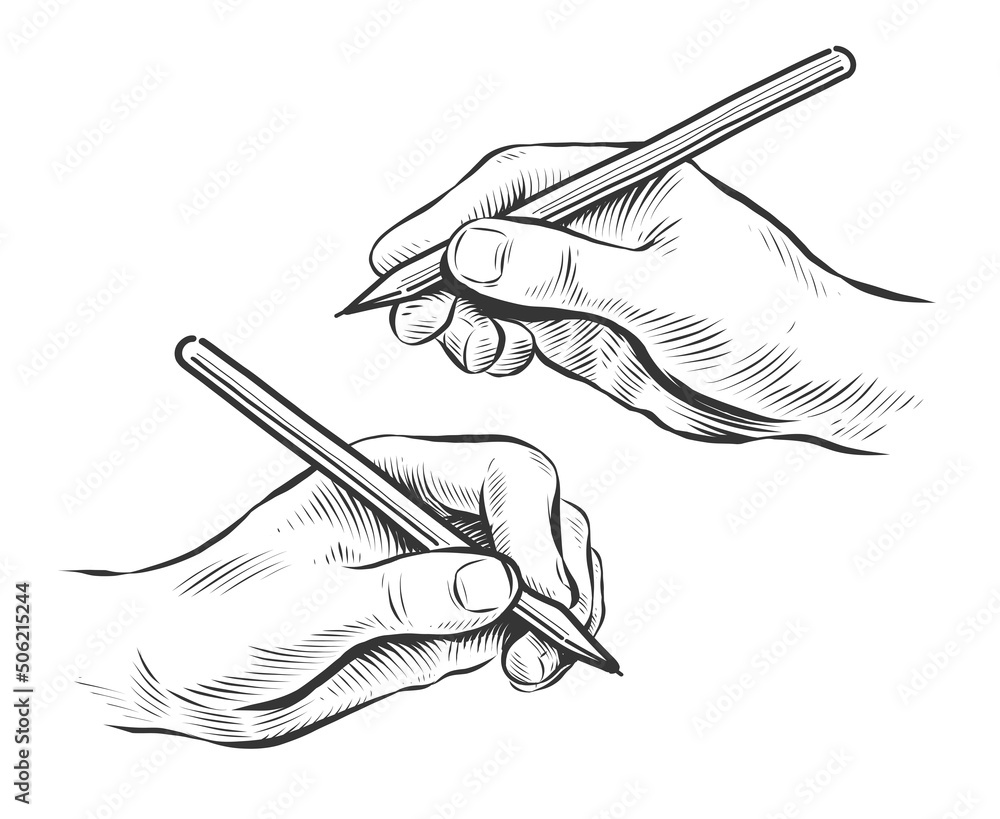 Writing hand with pen. Hand drawn sketch in vintage engraving style ...
